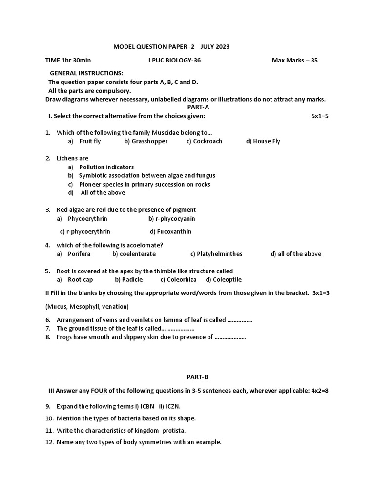 Class 11 Biology Test Paper | PDF