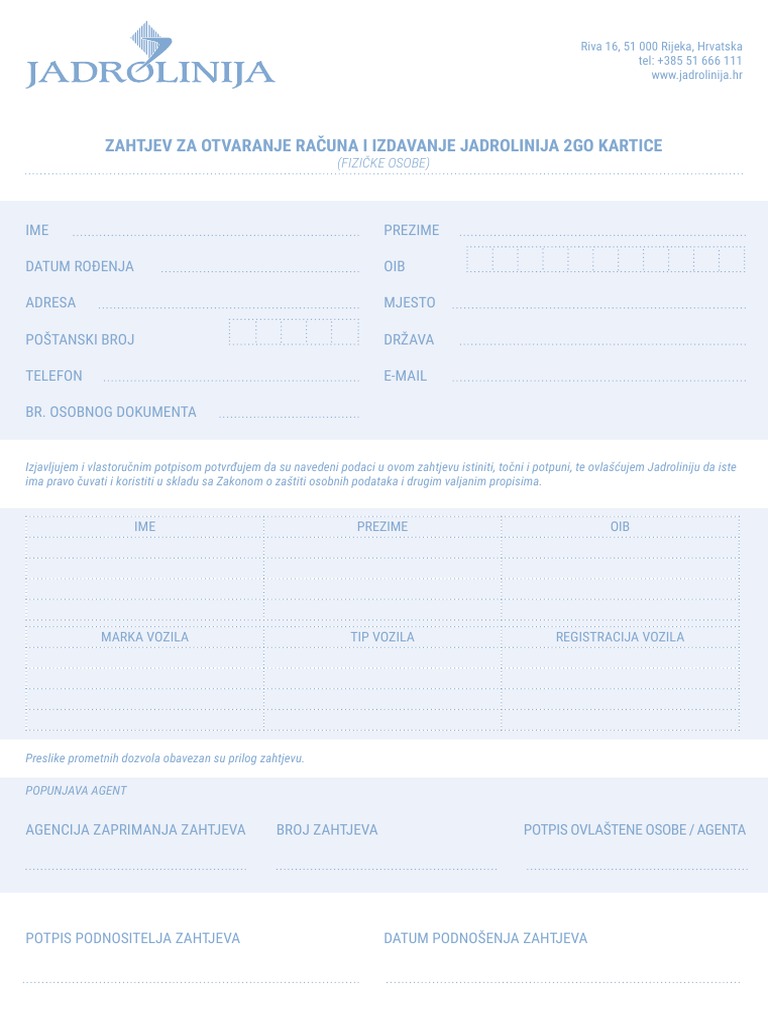 Jadrolinija Formular 2go Kartica Fizicke Osobe Novo | PDF