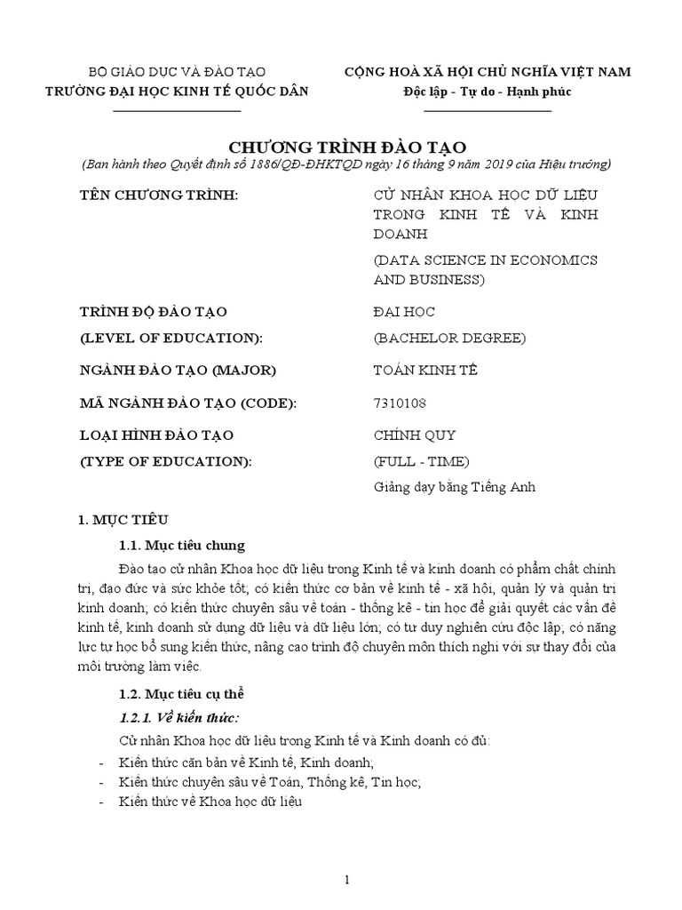 Khung CTĐT - Khoa Học Dữ Liệu (DSEB) K61 | PDF