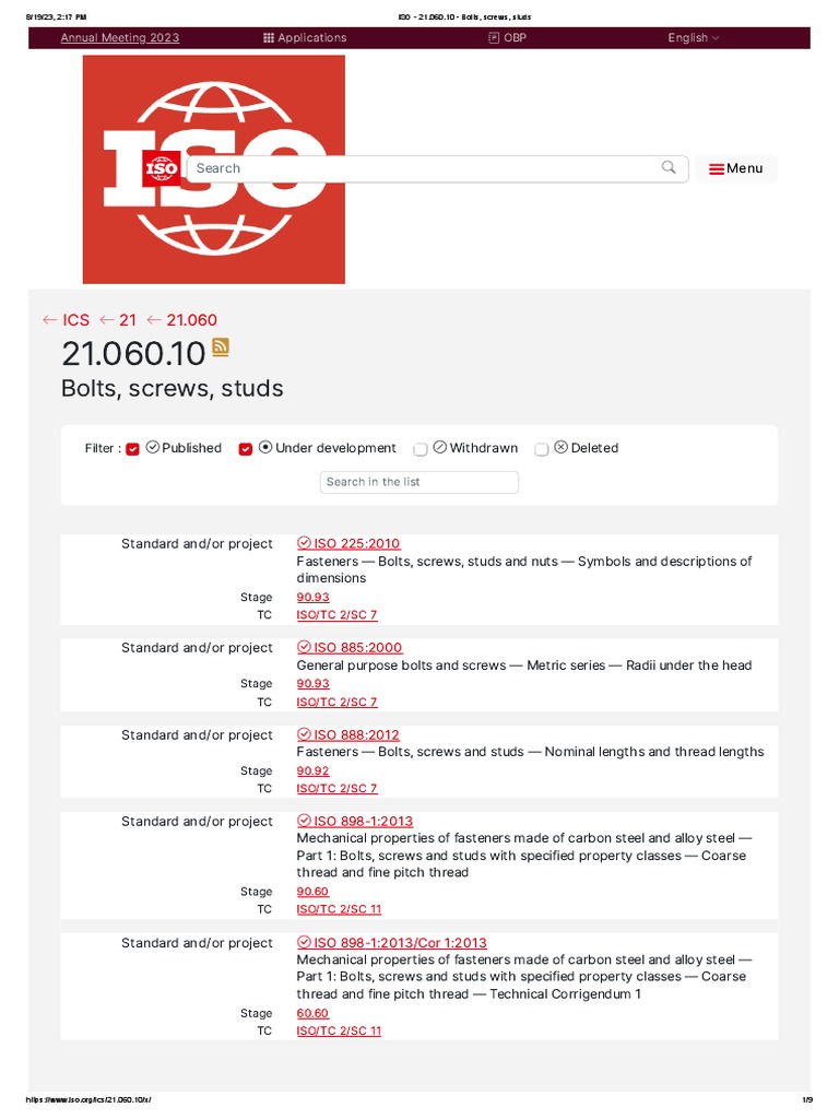 ISO - 21.060.10 - Bolts, Screws, Studs (List of Codes) | PDF | Screw | Mechanical Engineering