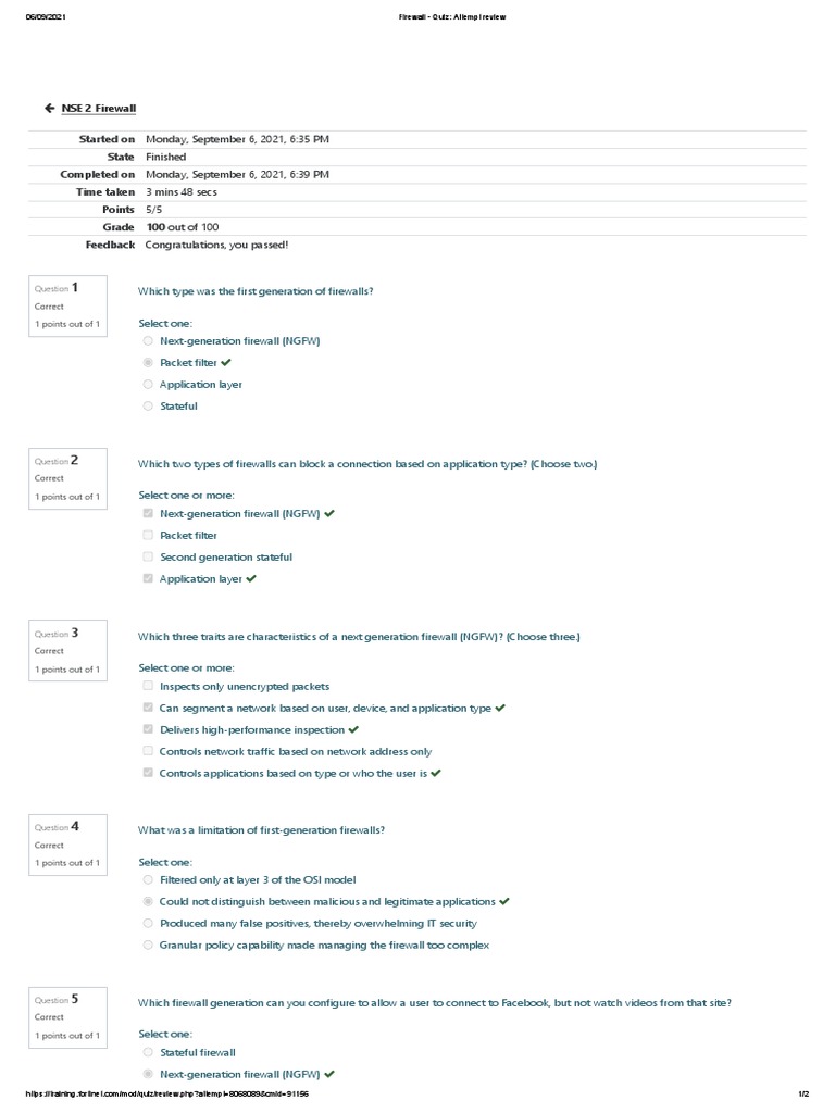 Firewall Quiz Review: NSE 2 Results | PDF | Firewall (Computing) | Security