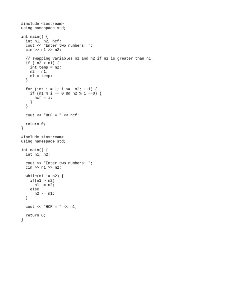 C++ Simple Finder HCFGCD Using For Loop and Loop | PDF