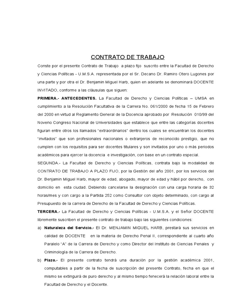 CONTRATO DE TRABAJO Modelo La Paz Bolivia | PDF