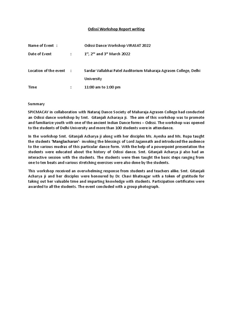 Odissi Workshop Report Writing | PDF