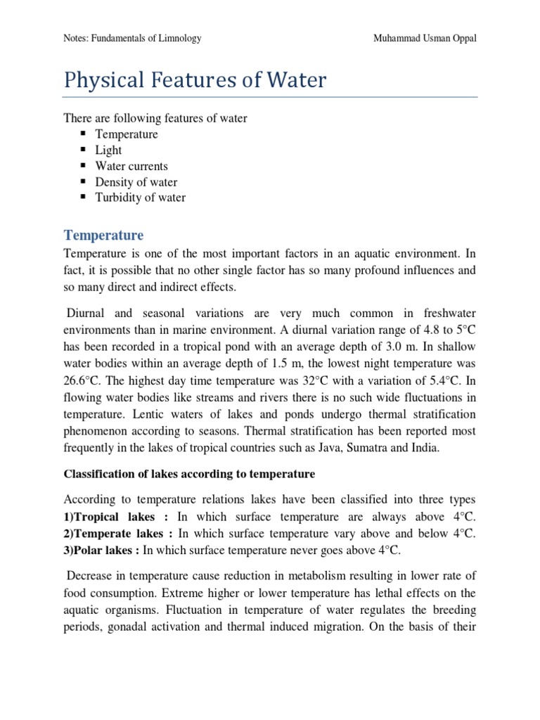 Limnology Physical Features of Water | PDF