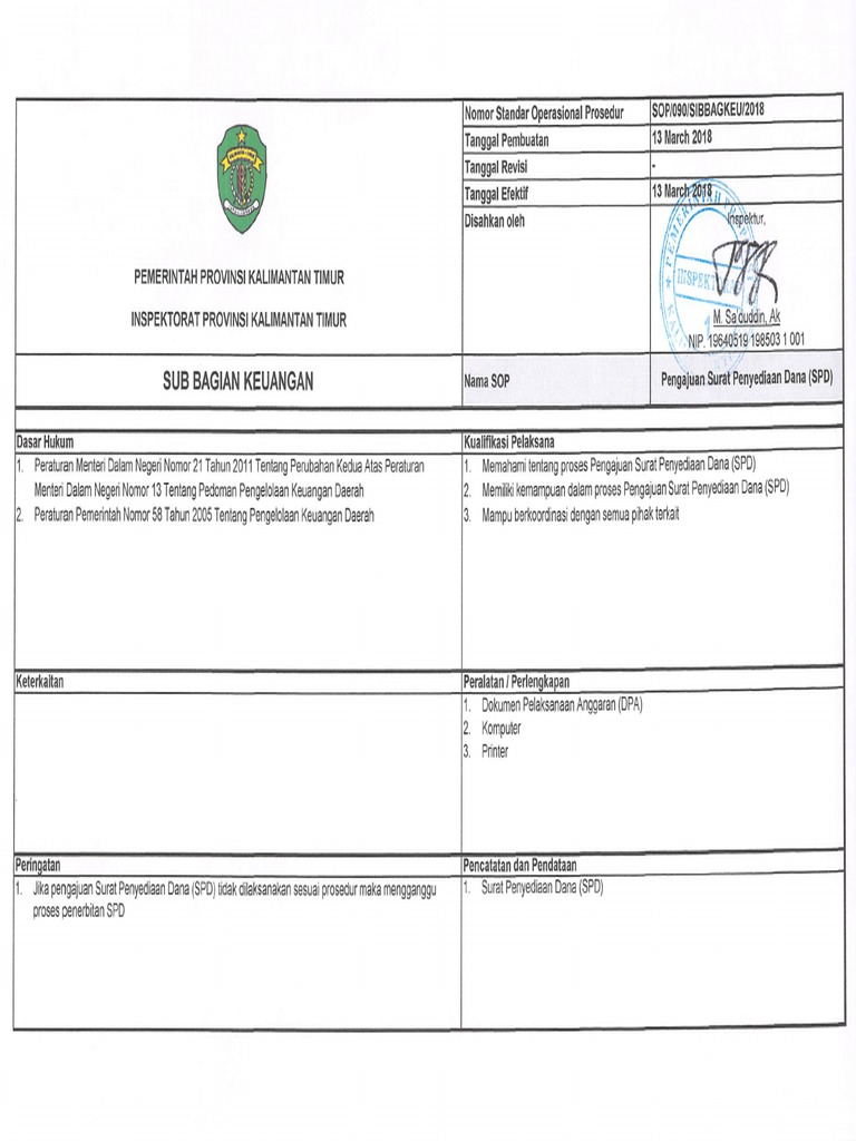 20211123135140-SOP Pengajuan Surat Penyediaan Dana (SPD) | PDF