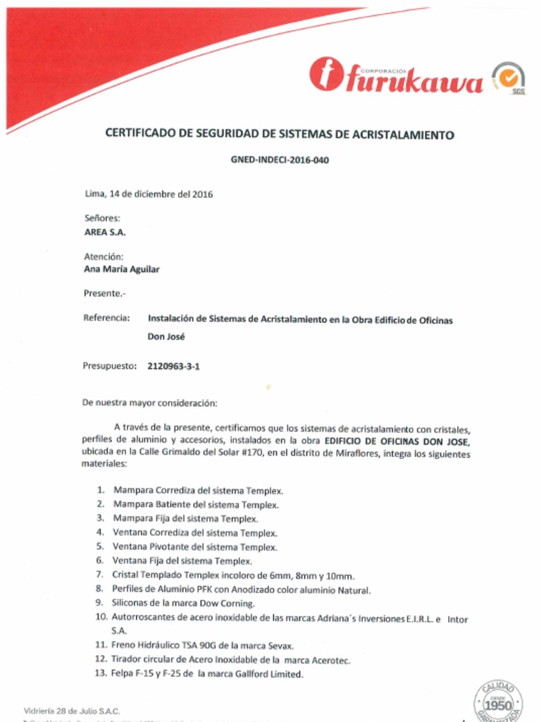 Certificado de Cristales Gned-Indeci-2016-040-Edificio de Oficinas Don Jose | PDF