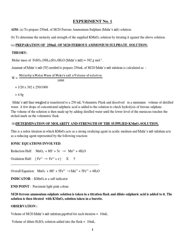 KMnO4 Vs Mohrs Salt Titration | Download Free PDF | Titration | Chemistry