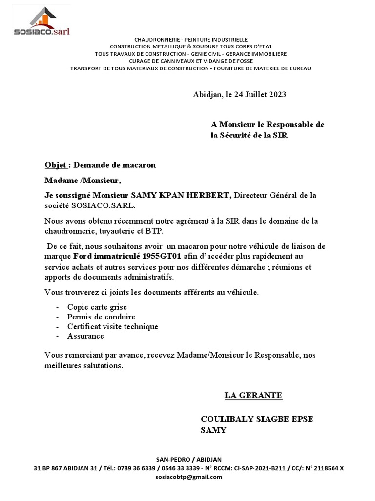 Courrier Macaron Sir | PDF | Affaires | Finance et gestion monétaire