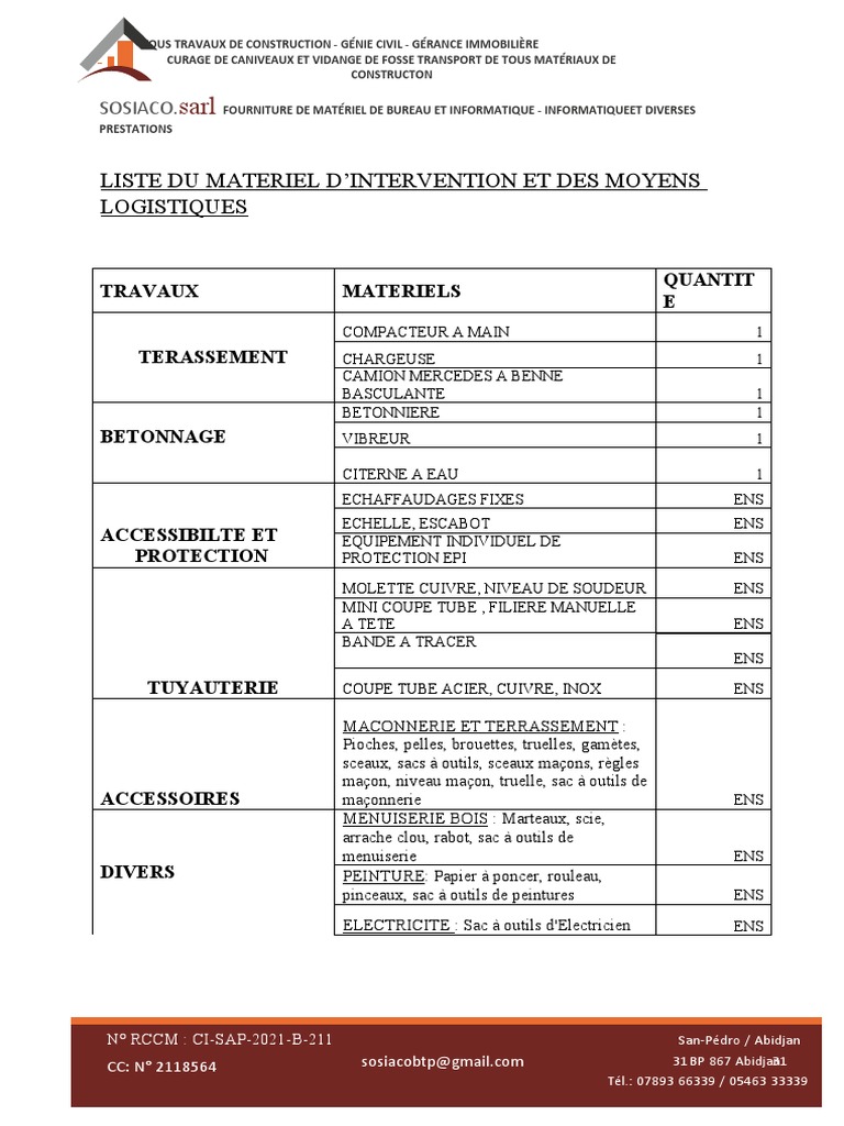 Liste du matériel de chantier logistique | PDF