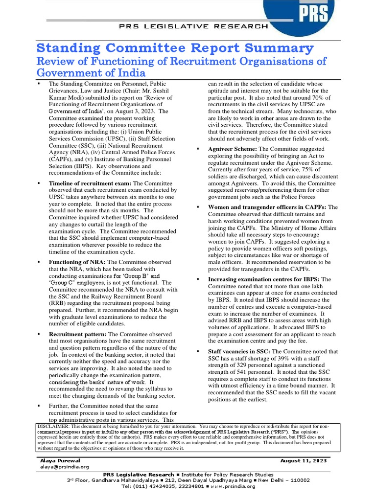 Standing Committee Report Summary Review of Functioning of Recruitment ...