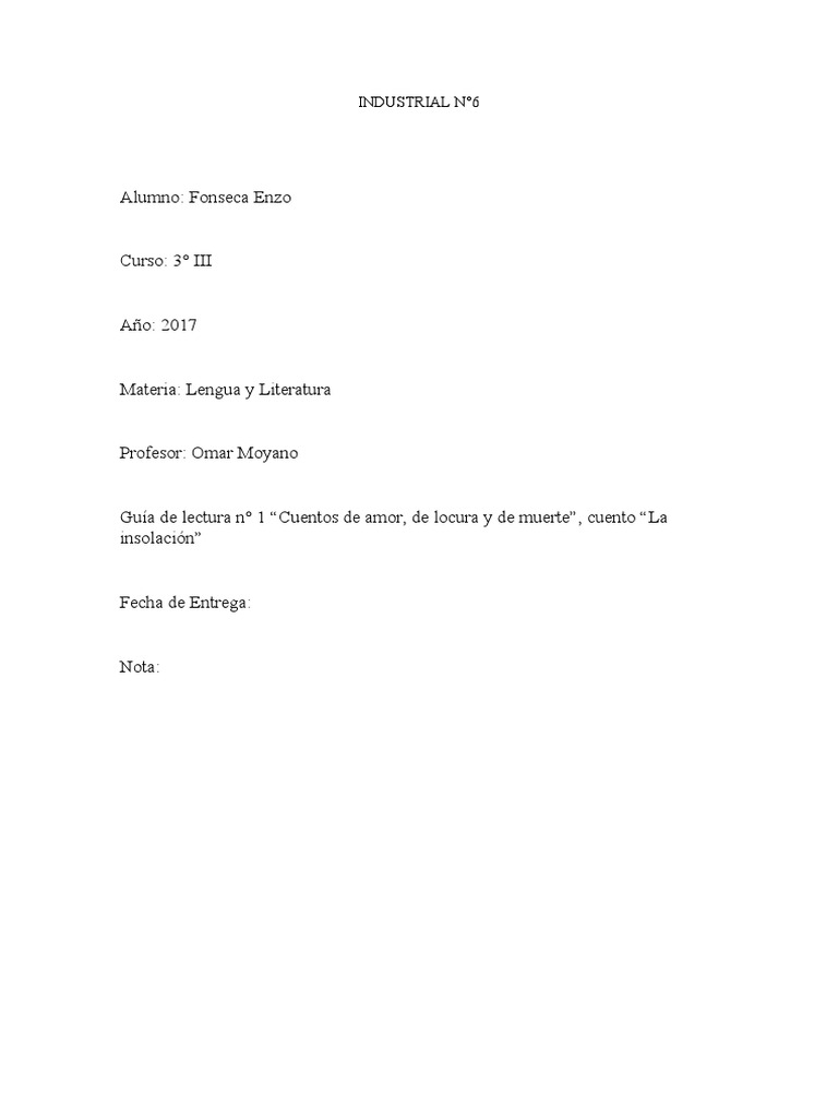Resumen de "La Insolación" de Quiroga | PDF