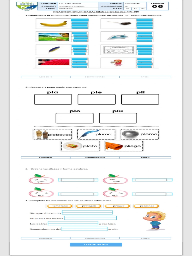 Ejercicio de Sílabas Trabadas - PR-PL | PDF | Mecánica del lenguaje | Sintaxis
