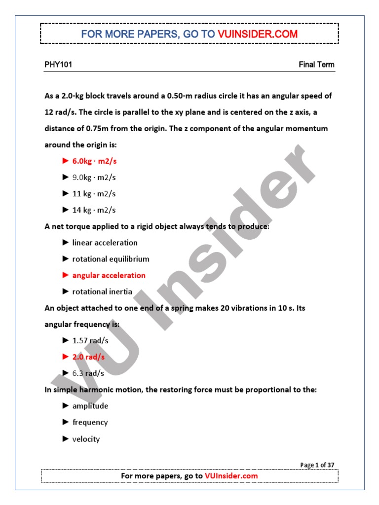PHY101 Final Term Past Papers Mega File | PDF