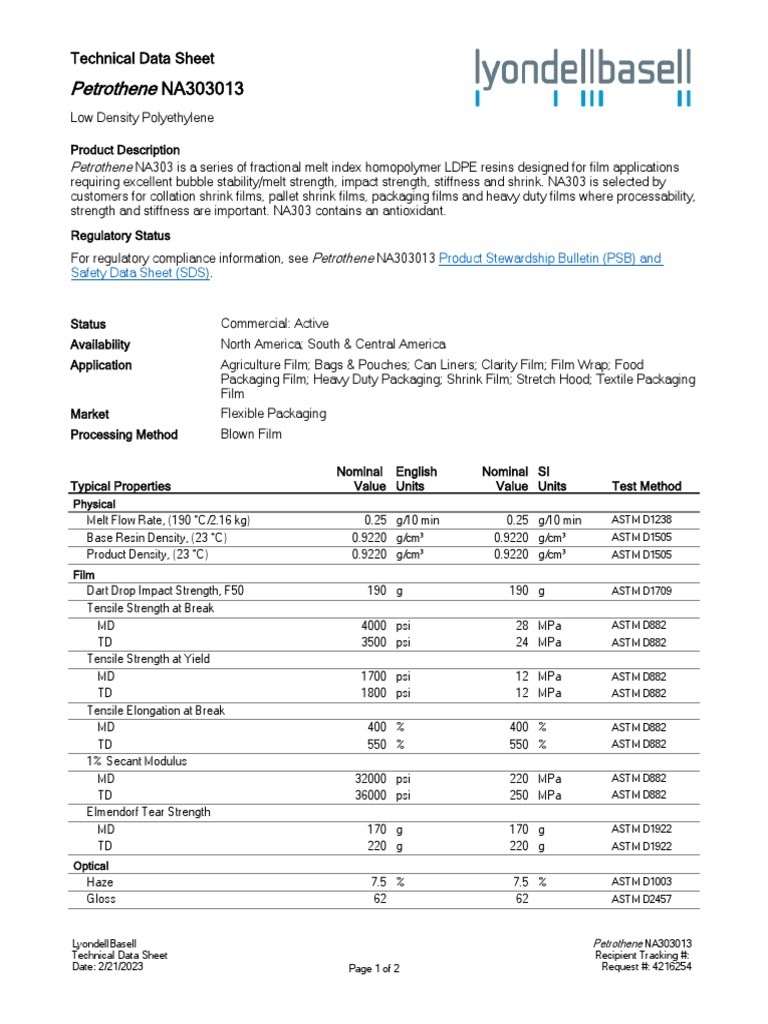 Petrothene NA303013 Technical Data Sheet | PDF