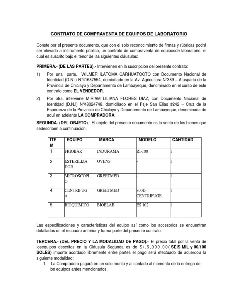 Contrato de Compraventa de Equipos de Laboratorio | PDF