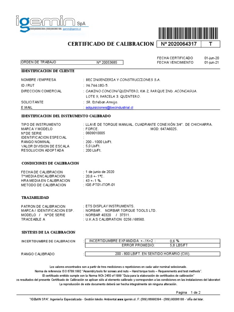 Certificado Torque | PDF | Calibración | Probabilidad
