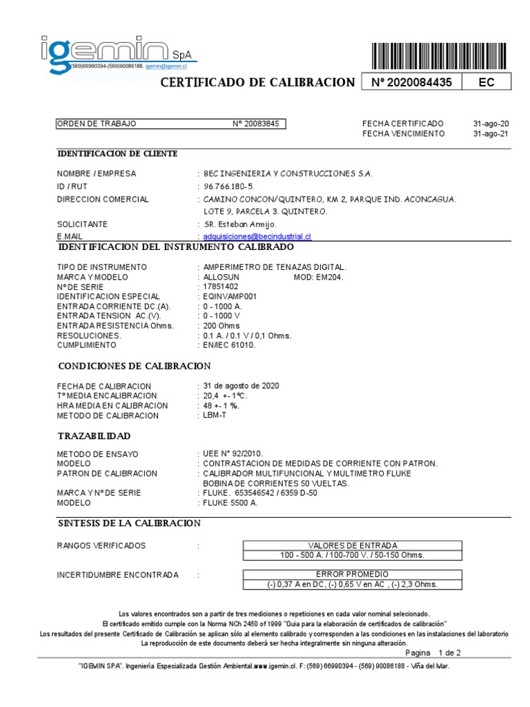 CERTIFICADO MULTIMETRO TENAZA | PDF | Calibración | Teoría de la medida