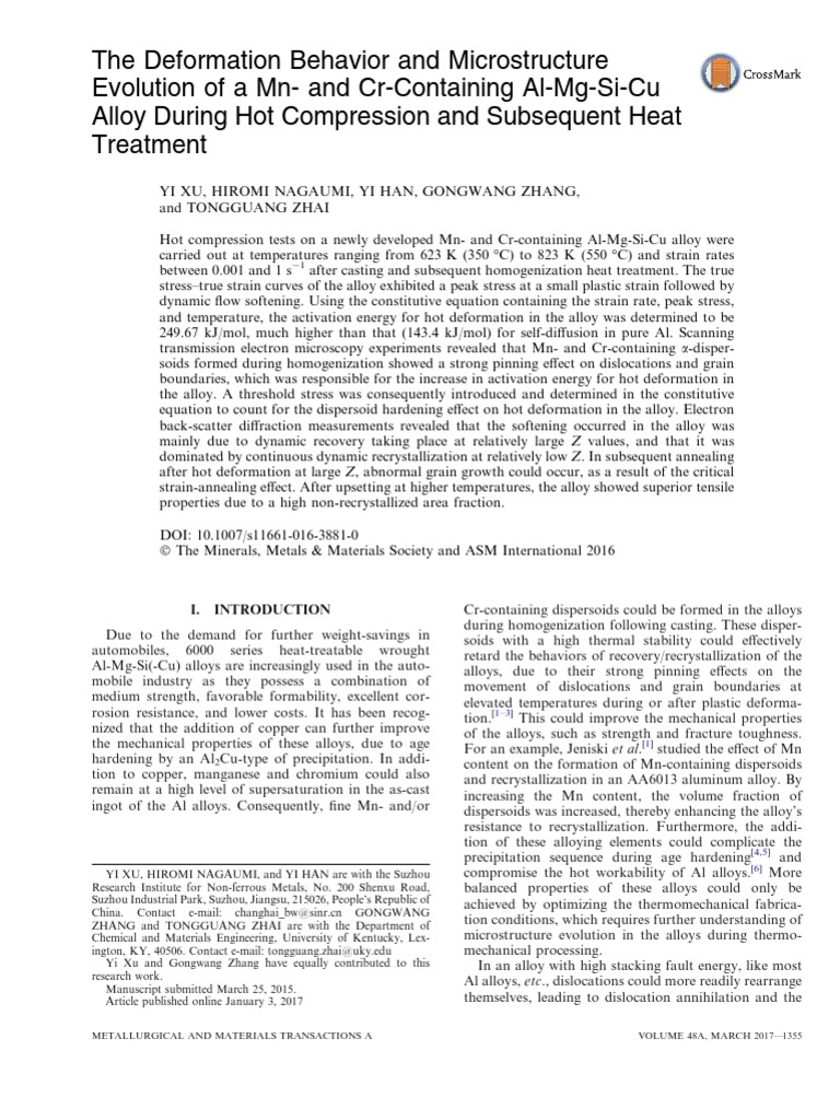 The Deformation Behavior and Microstructure Evolution of A MN - and Cr-Containing Al-Mg-Si-Cu ...