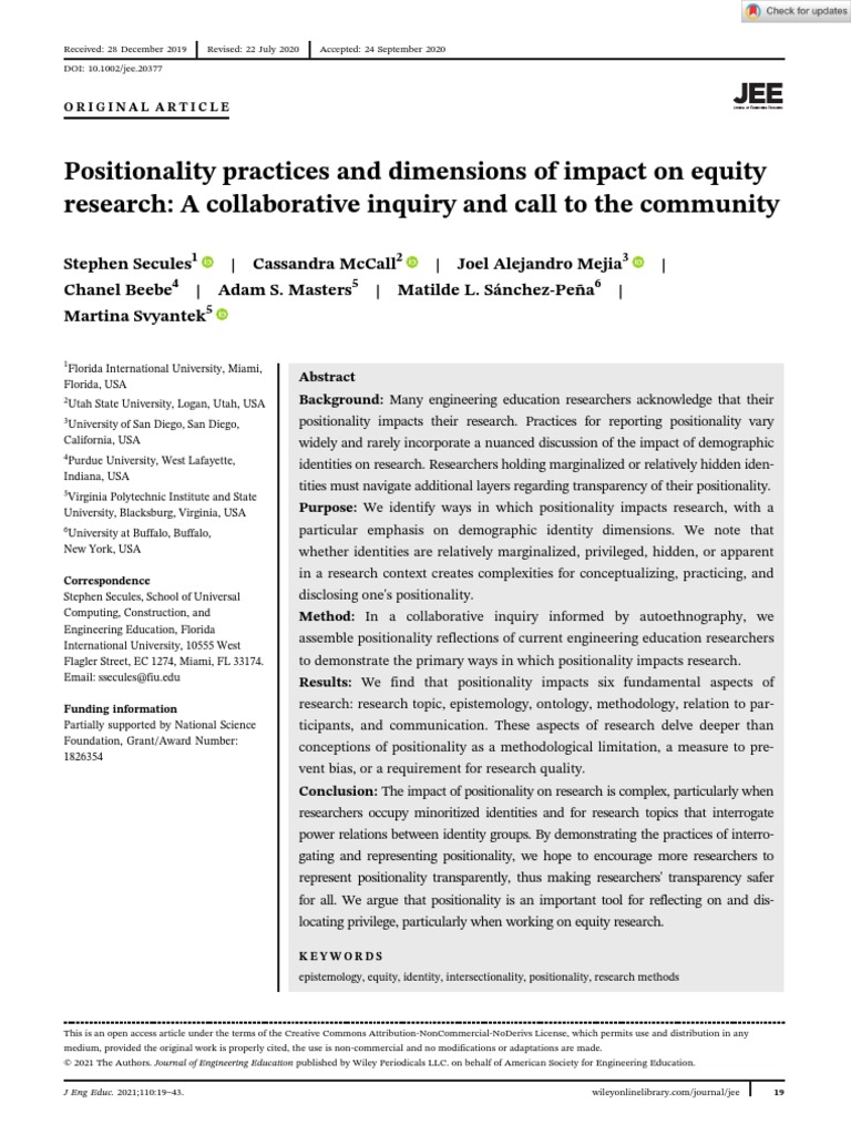 J of Engineering Edu - 2021 - Secules - Positionality Practices and Dimensions of Impact On ...