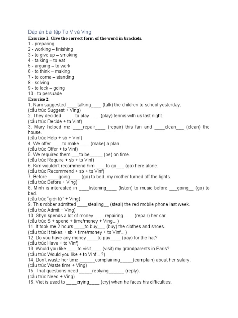 Đáp án bài tập To V và Ving | PDF