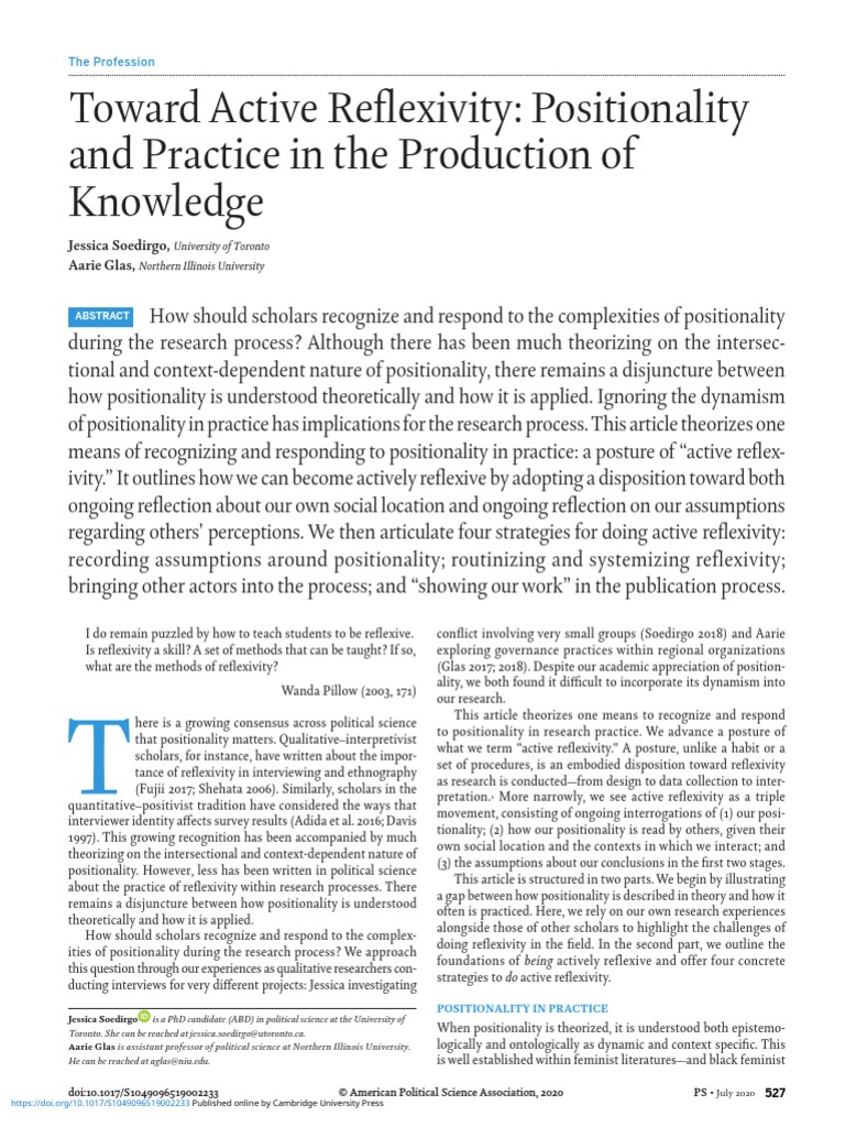 Toward Active Reflexivity Positionality and Practice in The Production of Knowledge | PDF ...