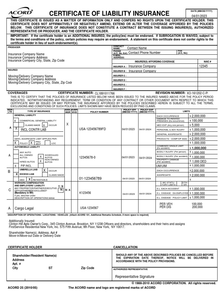 Sample COI | PDF | Liability Insurance | Insurance