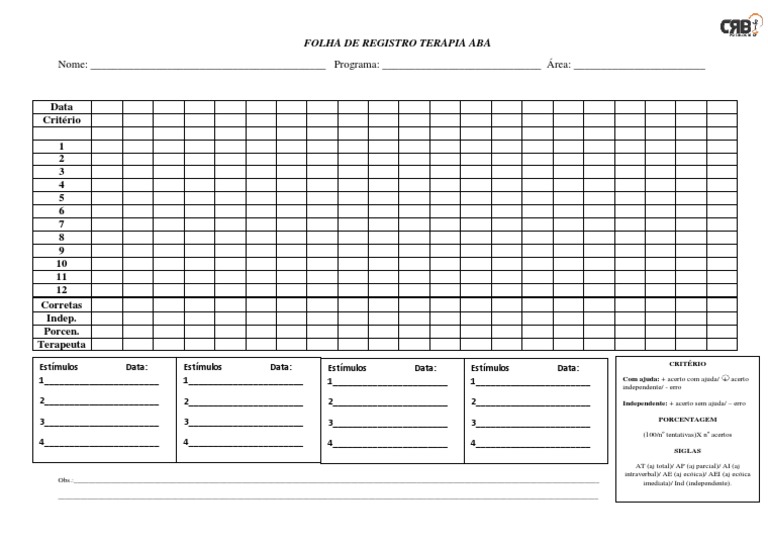 Folha de Registro Terapia Aba PDF | PDF