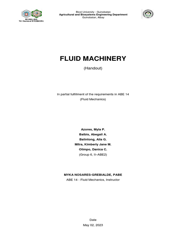 Fluid Mech Group6 Handout II ABE2 - Fluid - Machinery | PDF | Engines | Pump