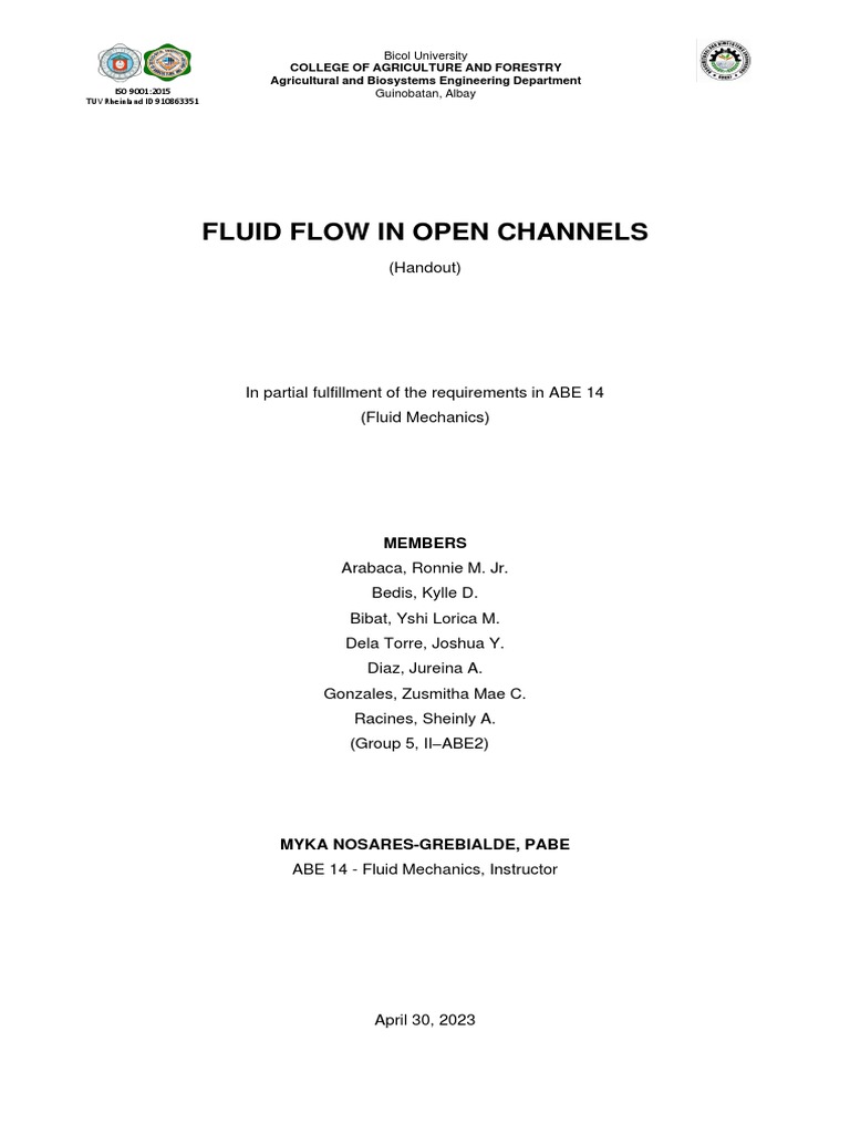 Group 5 - Fluid Flow in Open Channels | PDF | Physical Quantities | Physical Sciences