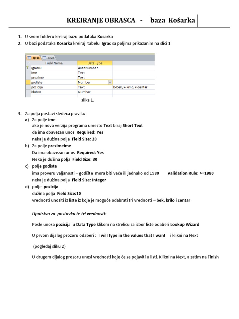 Vezba4-Access-Kreiranje Obrasca Baza Kosarka | PDF