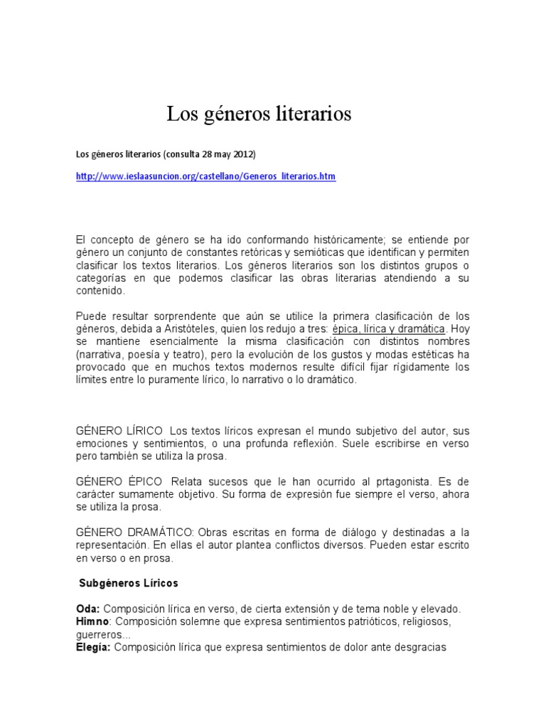 29450615los Géneros Literarios y Su Calsificación 1 | PDF | Poesía | Prosa