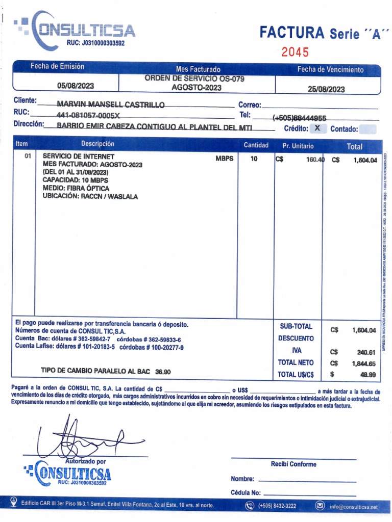 Factura # 2045 Marvin Mansell Castrillo - Agosto 2023 - Recibida | PDF