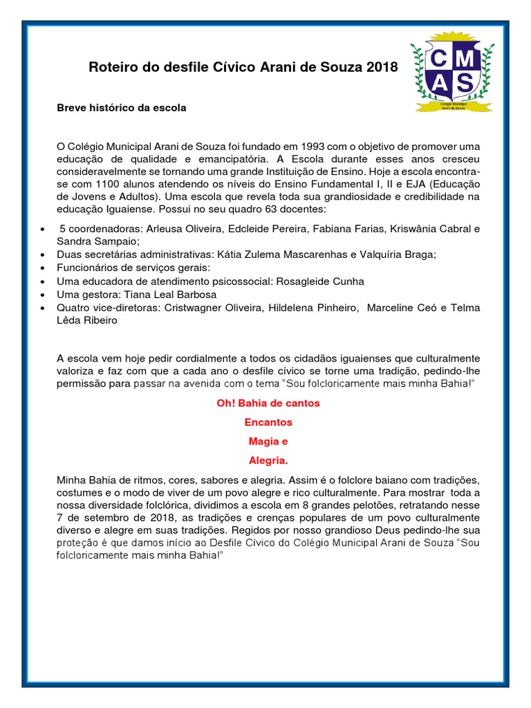 Roteiro Desfile Cívico 2018 - CMAS 1 | PDF