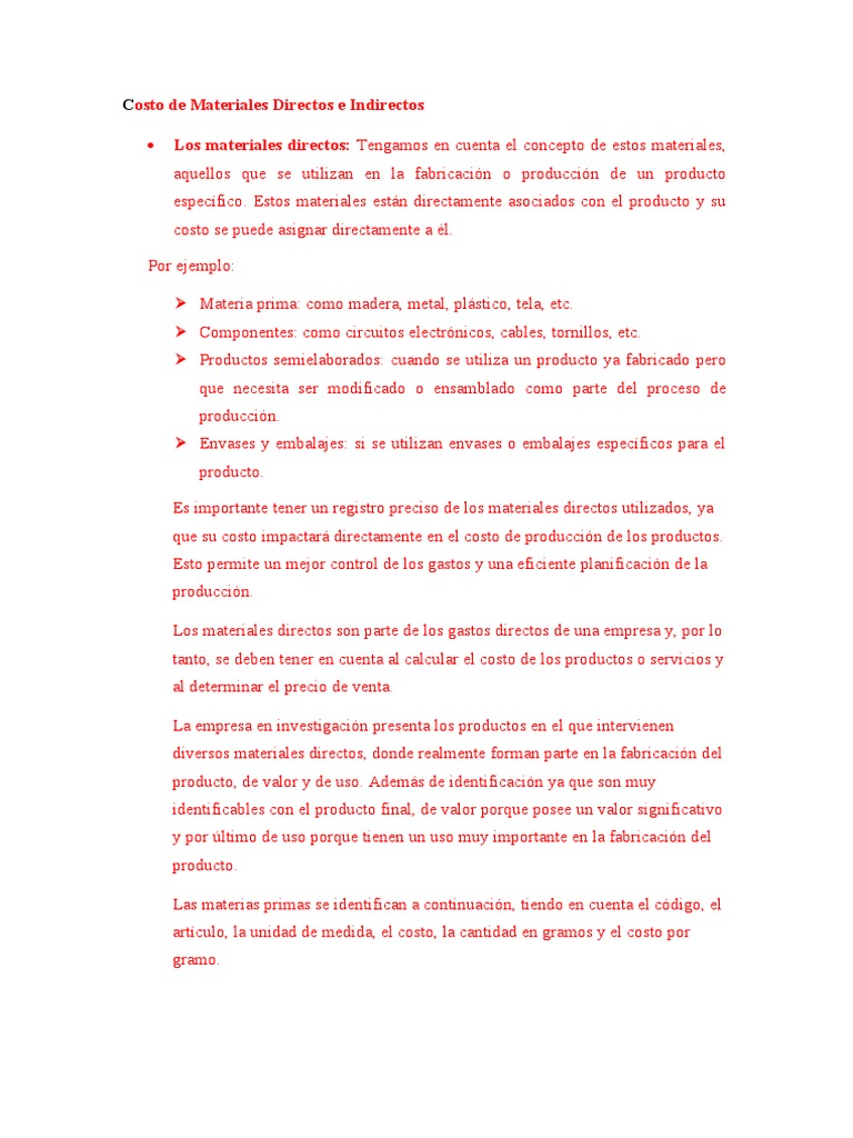 Costo de Materiales Directos e Indirectos | PDF | Costo | Inventario