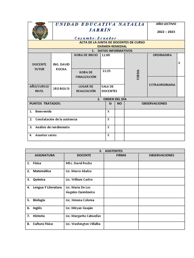 Acta Junta de Curso REMEDIAL 1RO D | PDF Acta Junta de Curso REMEDIAL 1RO D | PDF