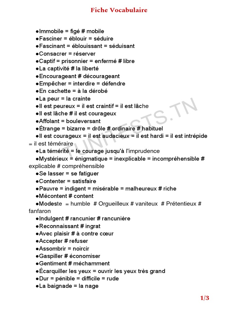 Fiche de Vocabulaire Synonymes | PDF | Livres de cuisine, nourriture et vin