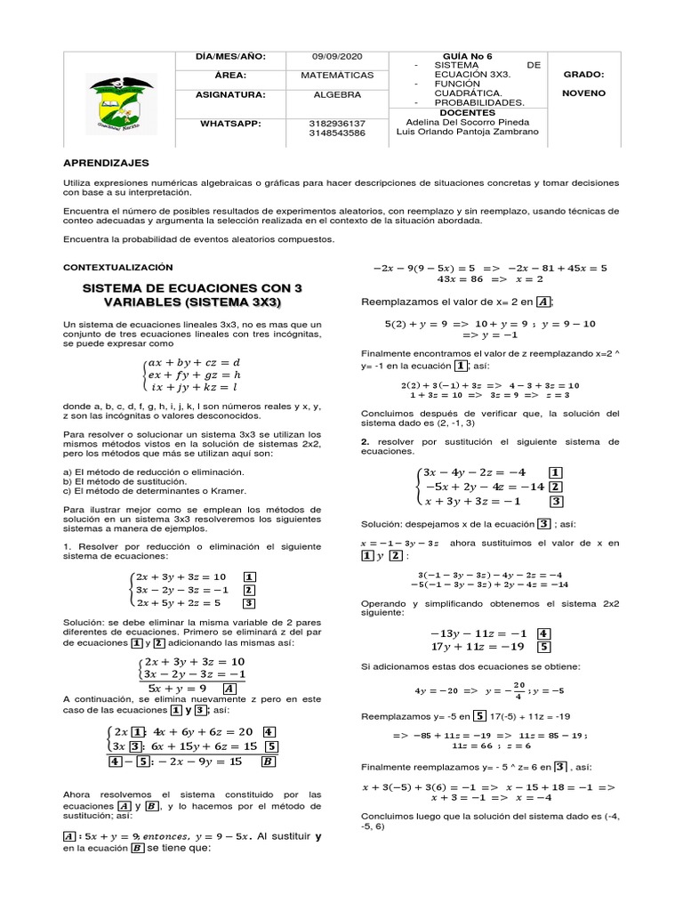 Sistema de Ecuaciones Con 3 Variables (Sistema 3X3) : Aprendizajes | PDF