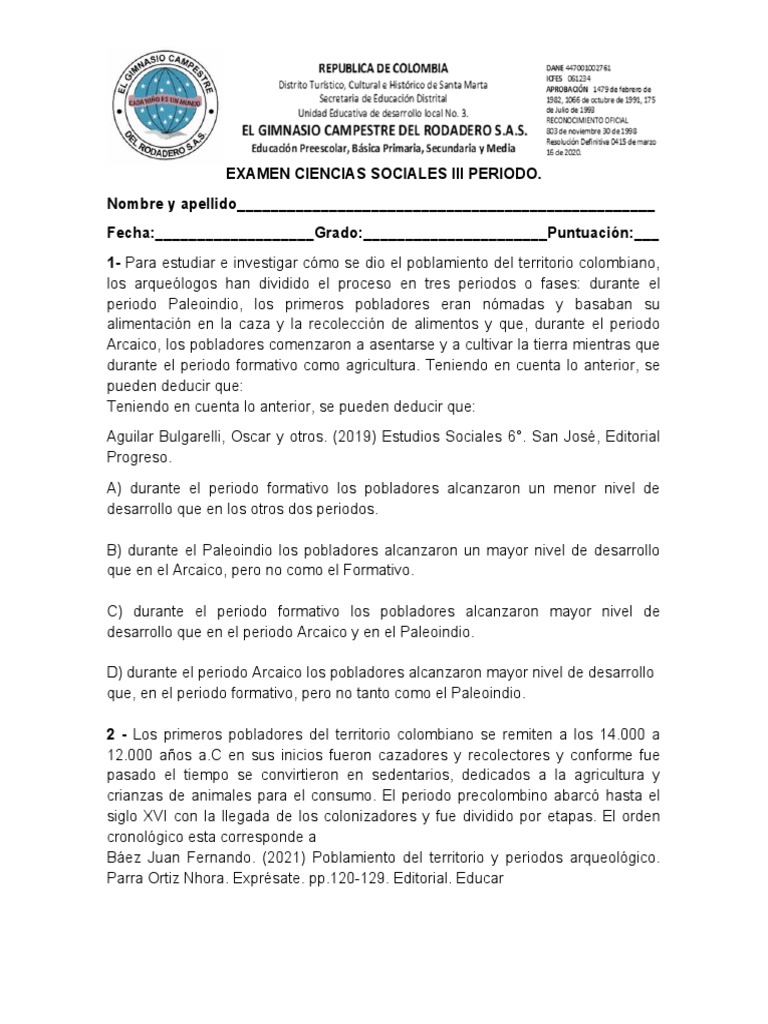 Examen Ciencias Sociales Iii Periodo 6° | PDF Examen Ciencias Sociales Iii Periodo 6° | PDF