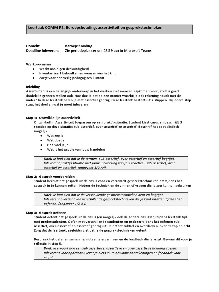 Leertaak COMM P2 - Beroepshouding, Assertiviteit - Gesprekstechnieken | PDF