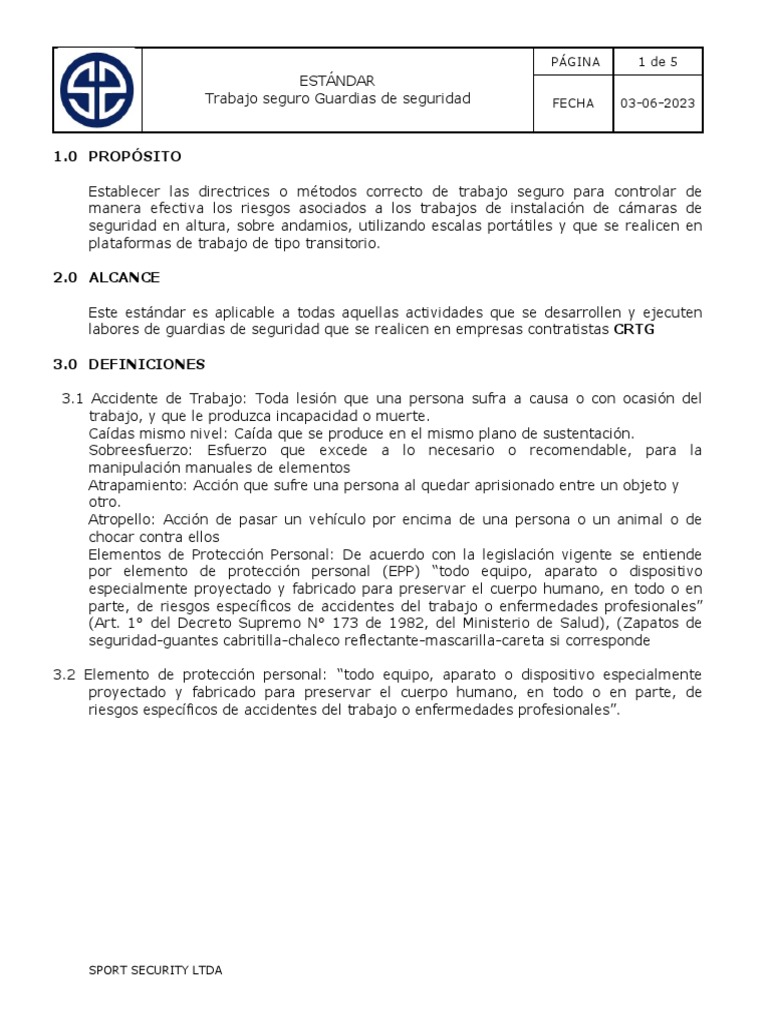Procedimiento Trabajo Seguro PTS Guardias | PDF
