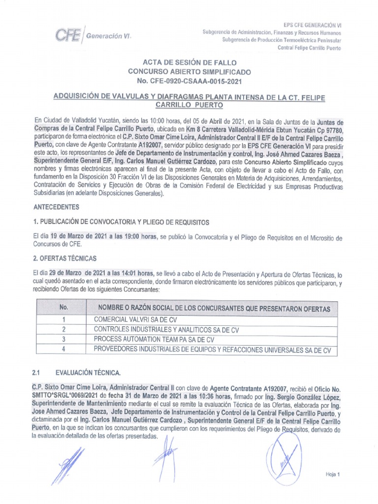 9 Modelo de Acta de Fallo CFE-0920-CSAAA-0015-2021 | PDF
