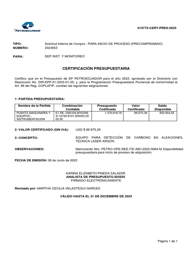 Certificacion Presupuestaria | PDF