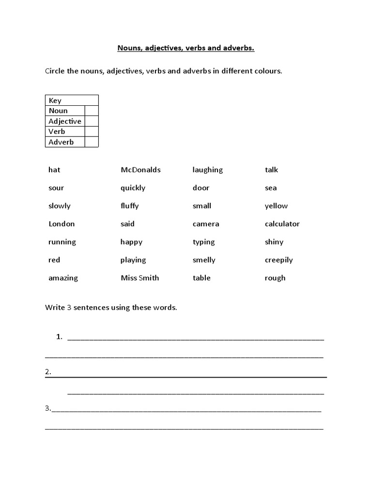Noun, Verb, Adjective Worksheet | PDF