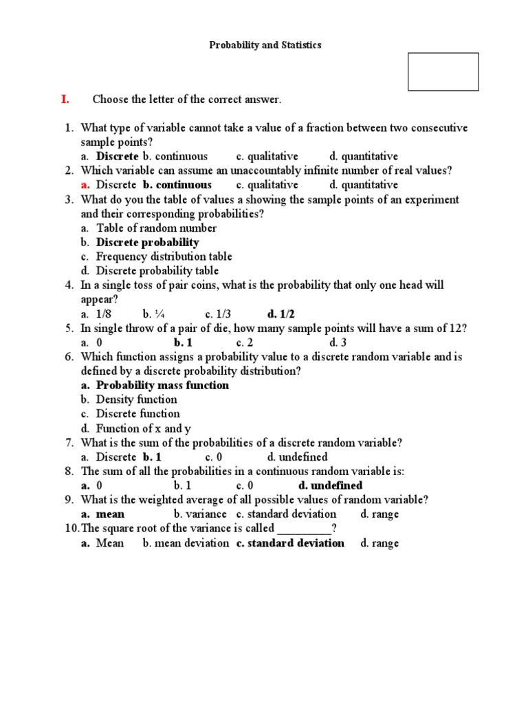 Quiz Bee - Probability and Statistics | PDF