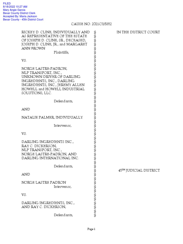 Tractor-Trailer Crash: Intervenor Natalie Palmer's Second Amended ...