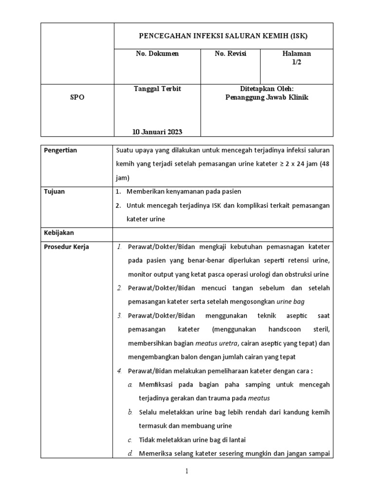 018 Sop Pencegahan Infeksi Saluran Kemih (Isk) | PDF