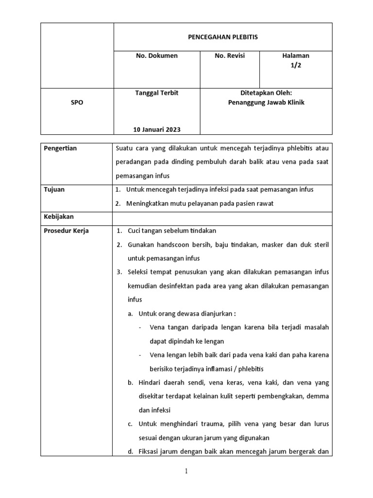 019 SOP PENCEGAHAN PLEBITIS | PDF