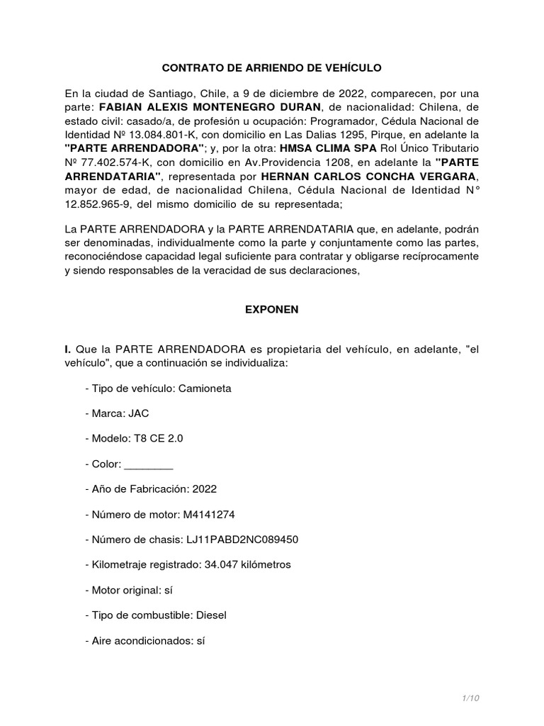 Contrato de Arriendo de Vehiculo | Descargar gratis PDF | Derecho ...