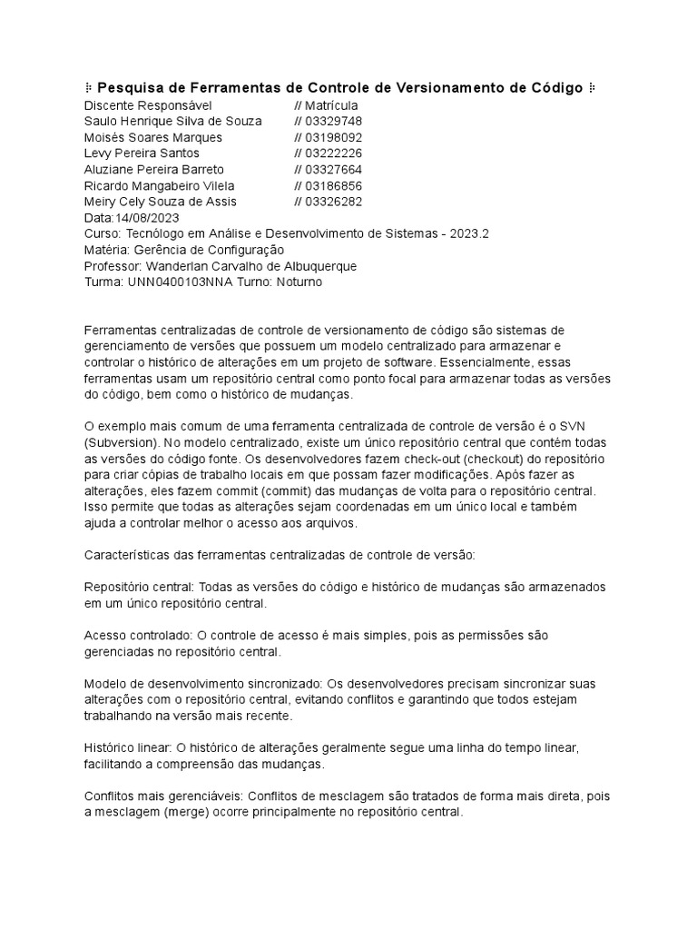 Pesquisa de Ferramentas de Controle de Versionamento de Código | PDF Pesquisa de Ferramentas de Controle de Versionamento de Código | PDF